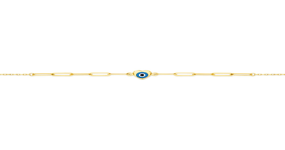 9ct Gold 19cm Heart Evil Eye Paperclip & Trace Bracelet | Goldmark (AU)
