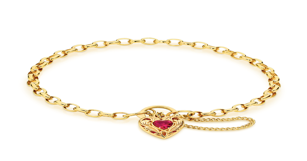 9ct Gold 19cm Solid Belcher Created Ruby Padlock Bracelet | Goldmark (AU)