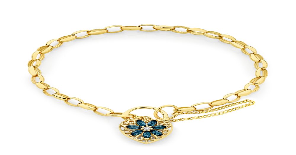 9ct Gold 19cm Solid London Blue Topaz & Diamond Flower Padlock Bracelet ...