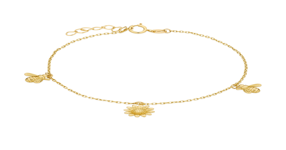 9ct Gold 19cm Sunflower & Bee Trace Bracelet | Goldmark (AU)