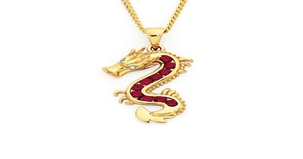 9ct Gold Created Ruby & Diamond Dragon Pendant in Red | Goldmark (AU)