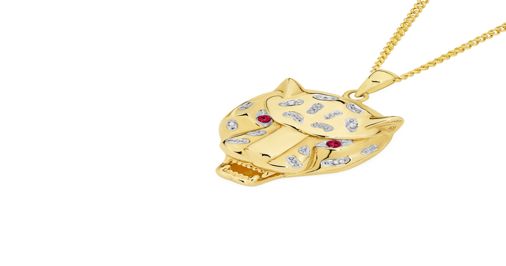 9ct Gold Created Ruby & Diamond Leopard Head Pendant in Red | Goldmark (AU)