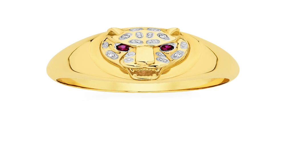 9ct Gold Created Ruby & Diamond Leopard Head Ring in Red | Goldmark (AU)