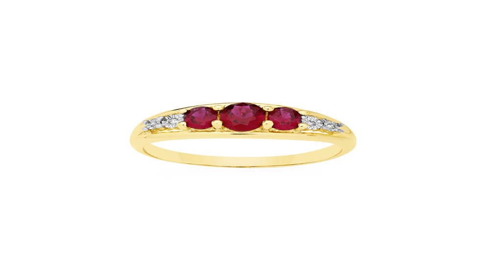 9ct Gold Created Ruby & Diamond Tilogy Ring in Red | Goldmark (AU)