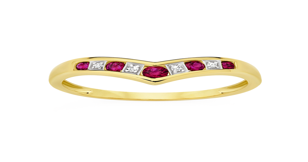 9ct Gold Created Ruby & Diamond 'v' Shape Ring in Red | Goldmark (AU)