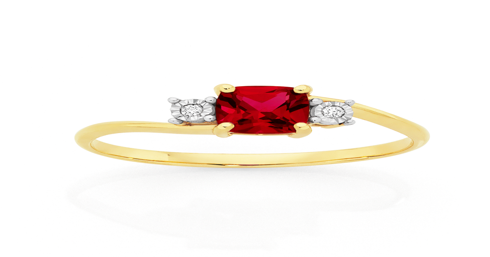 9ct Gold Created Ruby & Miracle Set Diamond Trilogy Ring in Red ...