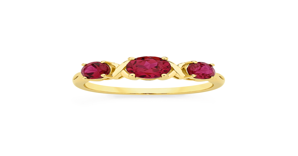 9ct Gold Created Ruby Trilogy Ring in Red | Goldmark (AU)