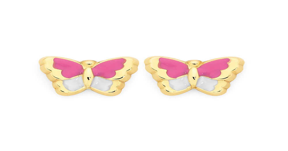 9ct Gold Pink & White Enamel Butterfly Stud Earrings | Goldmark (AU)