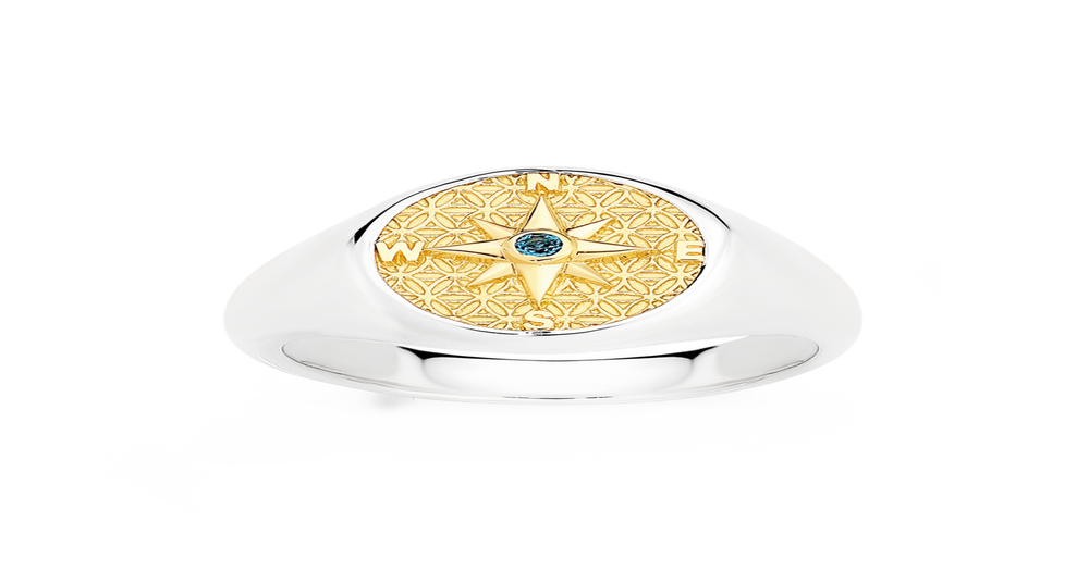 9ct Gold & Silver London Blue Topaz Compass Round Signet Gents Ring in ...