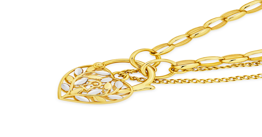 9ct Gold Two Tone 19cm Solid Belcher Bracelet With Leaf Padlock ...