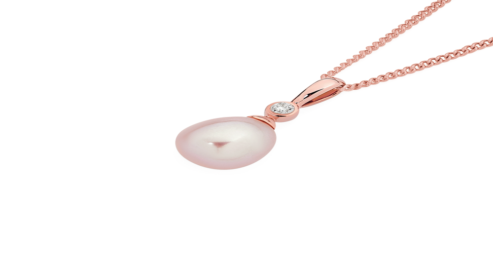 9ct Rose Gold Pink Cultured Freshwater Pearl & Diamond Pendant in Pink ...