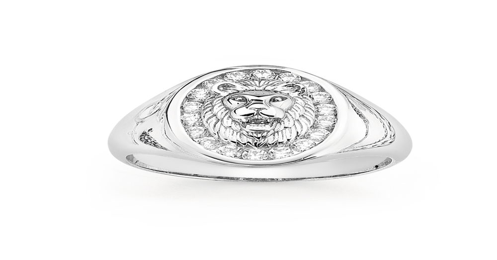 Silver Cubic Zirconia Surround Lion Head Oval Signet Ring in Clear ...