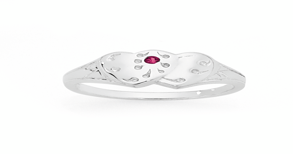 Silver Double Heart Red Cubic Zirconia Signet Ring - Size G in Red ...
