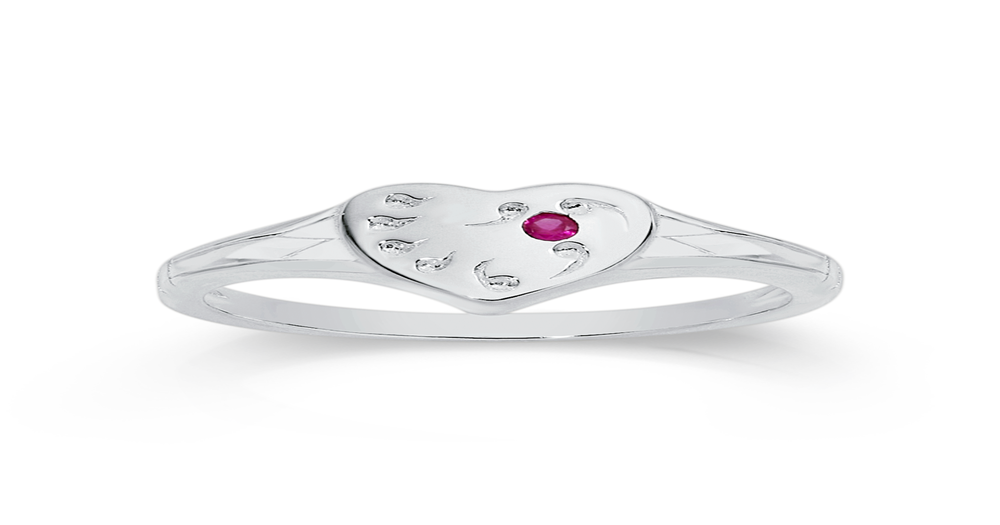 Silver Single Heart Red Cubic Zirconia Signet Ring in Red | Goldmark (AU)